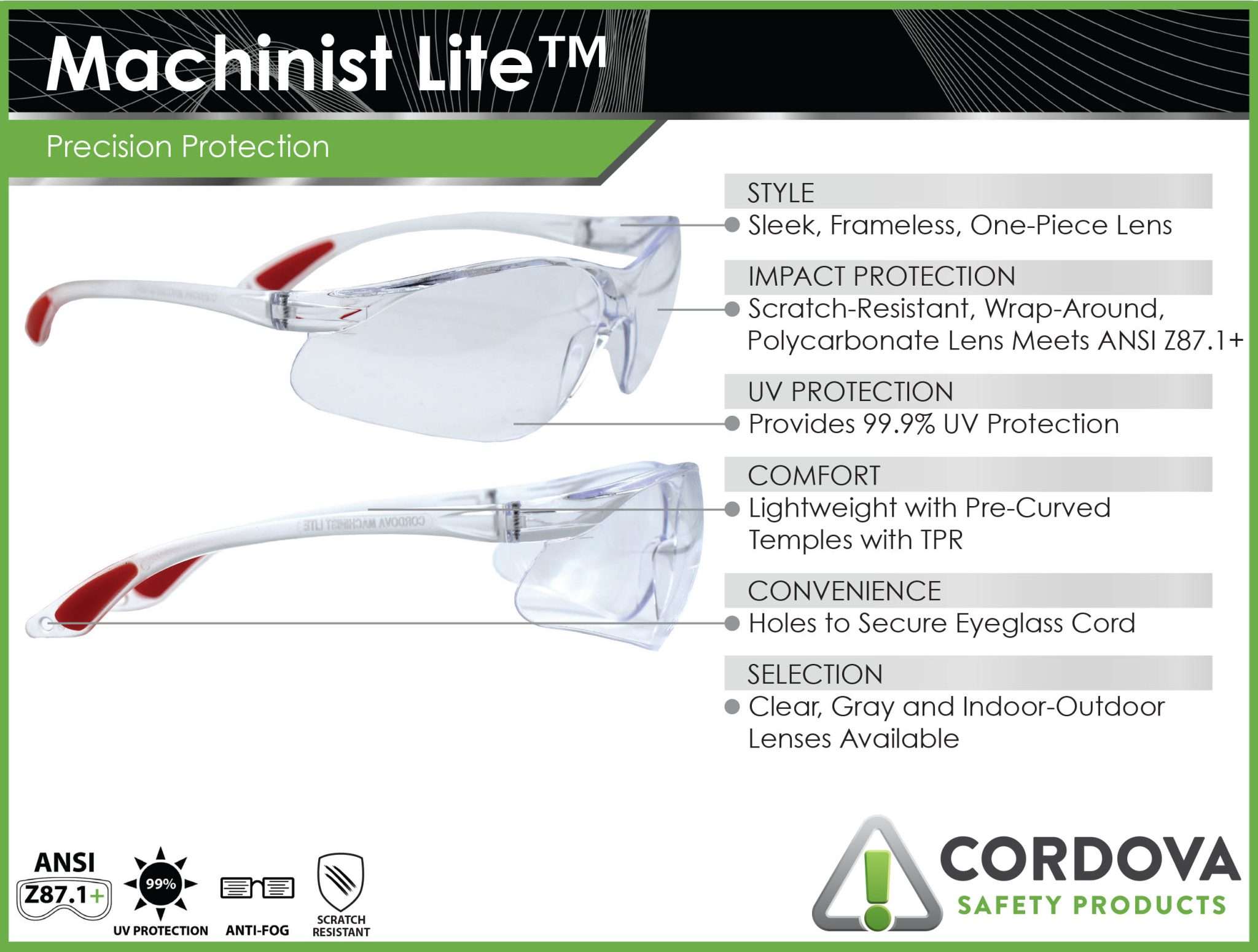 MACHINIST® LITE, Safety Glasses, Indoor/Outdoor, Anti-Fog: #EML50ST ...