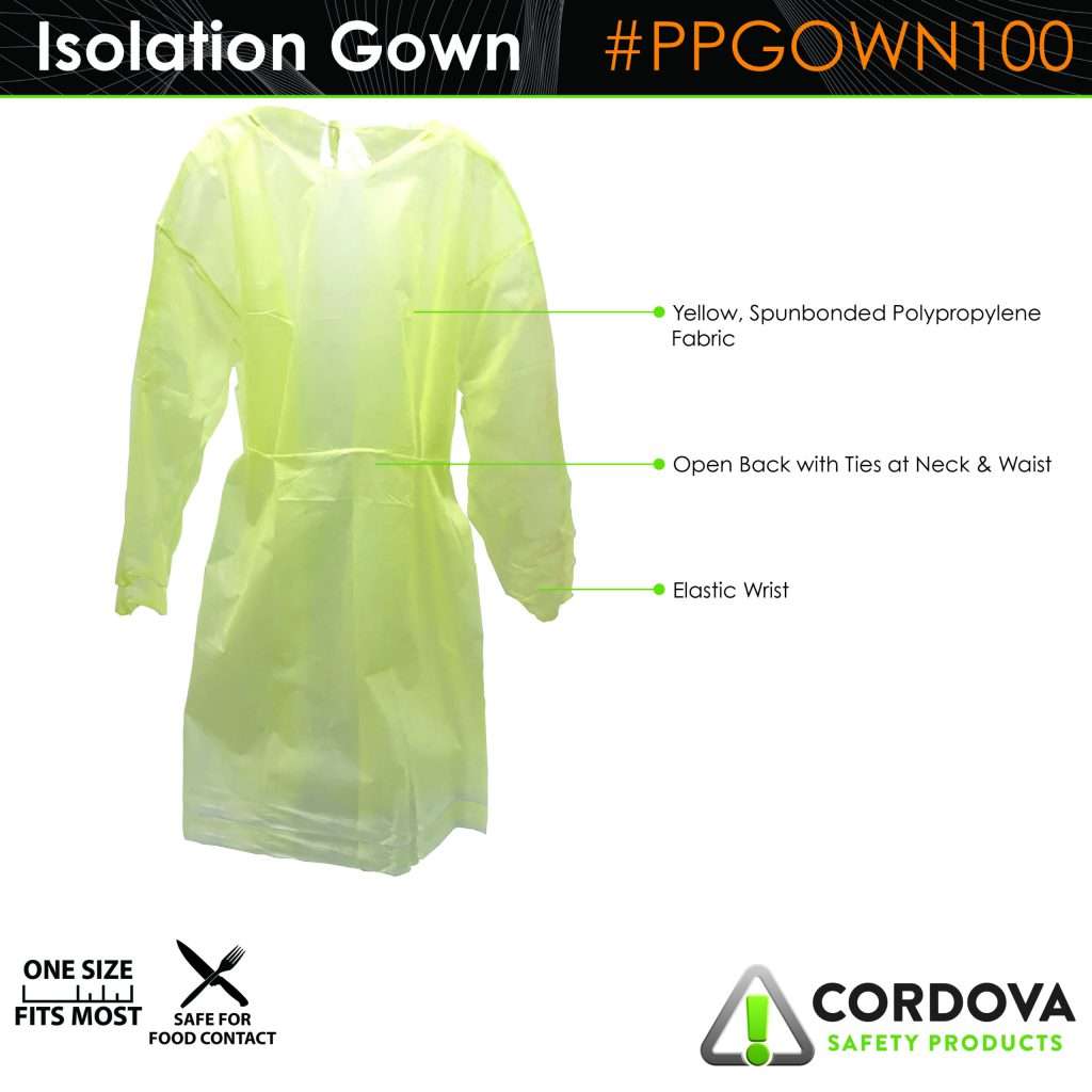 Polypropylene, Isolation Gown: #PPGOWN100 - Cordova Safety